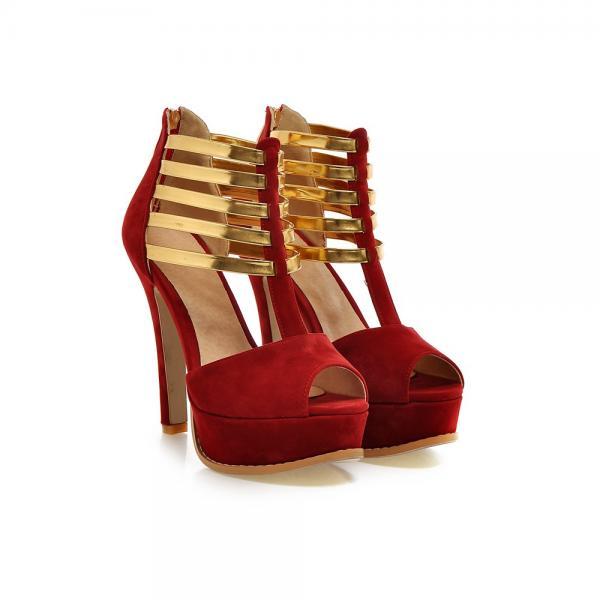 Classy Red And Gold Peep Toe High Heels Sandals on Luulla